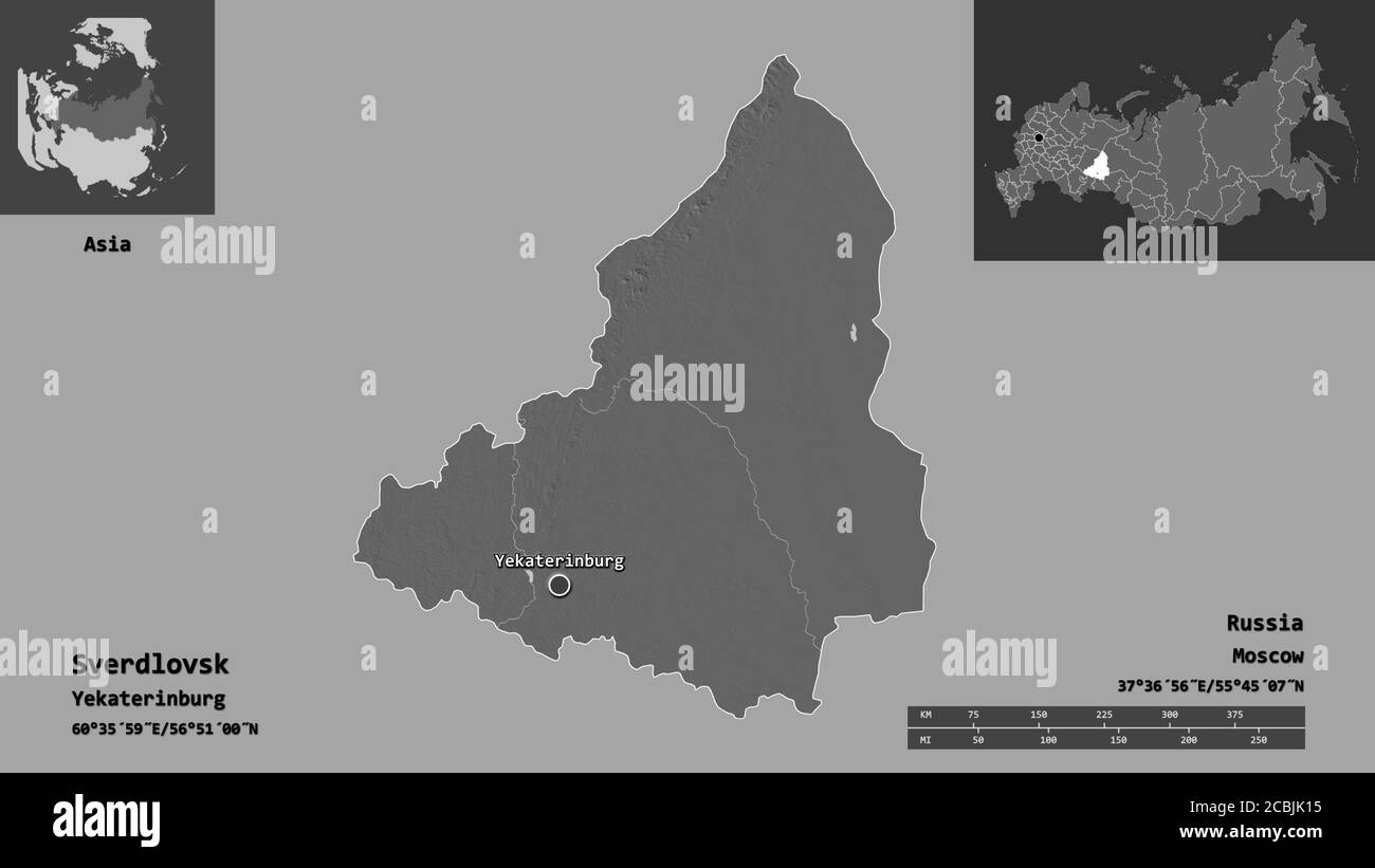 Shape of Sverdlovsk, region of Russia, and its capital. Distance scale ...