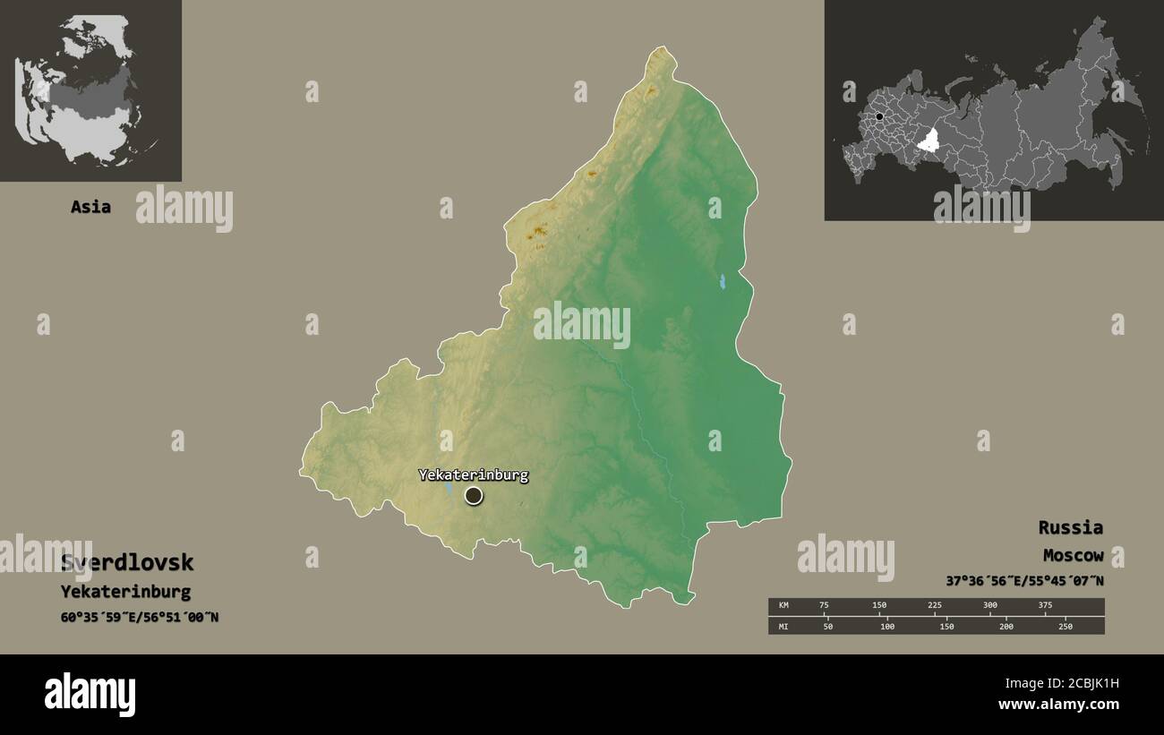 Shape of Sverdlovsk, region of Russia, and its capital. Distance scale ...