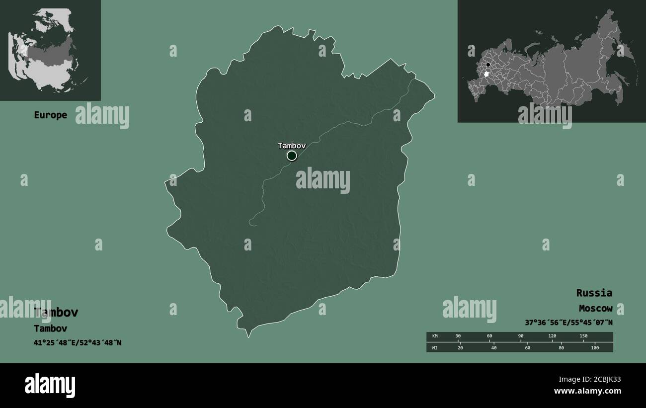 Shape of Tambov, region of Russia, and its capital. Distance scale ...