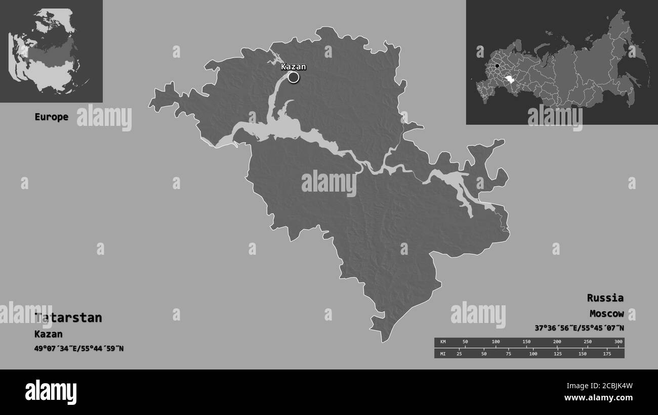 Shape of Tatarstan, republic of Russia, and its capital. Distance scale ...