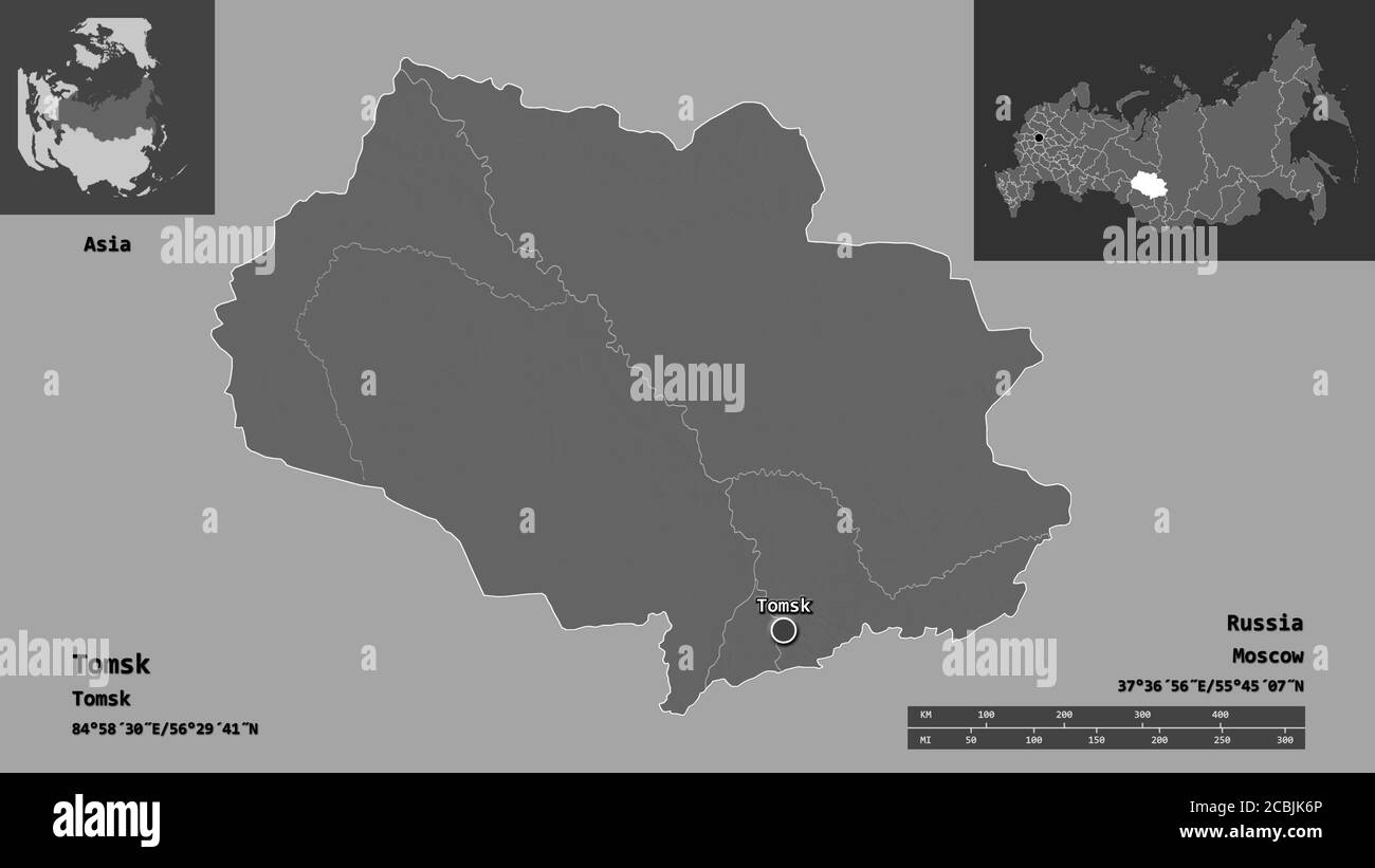 Shape of Tomsk, region of Russia, and its capital. Distance scale ...
