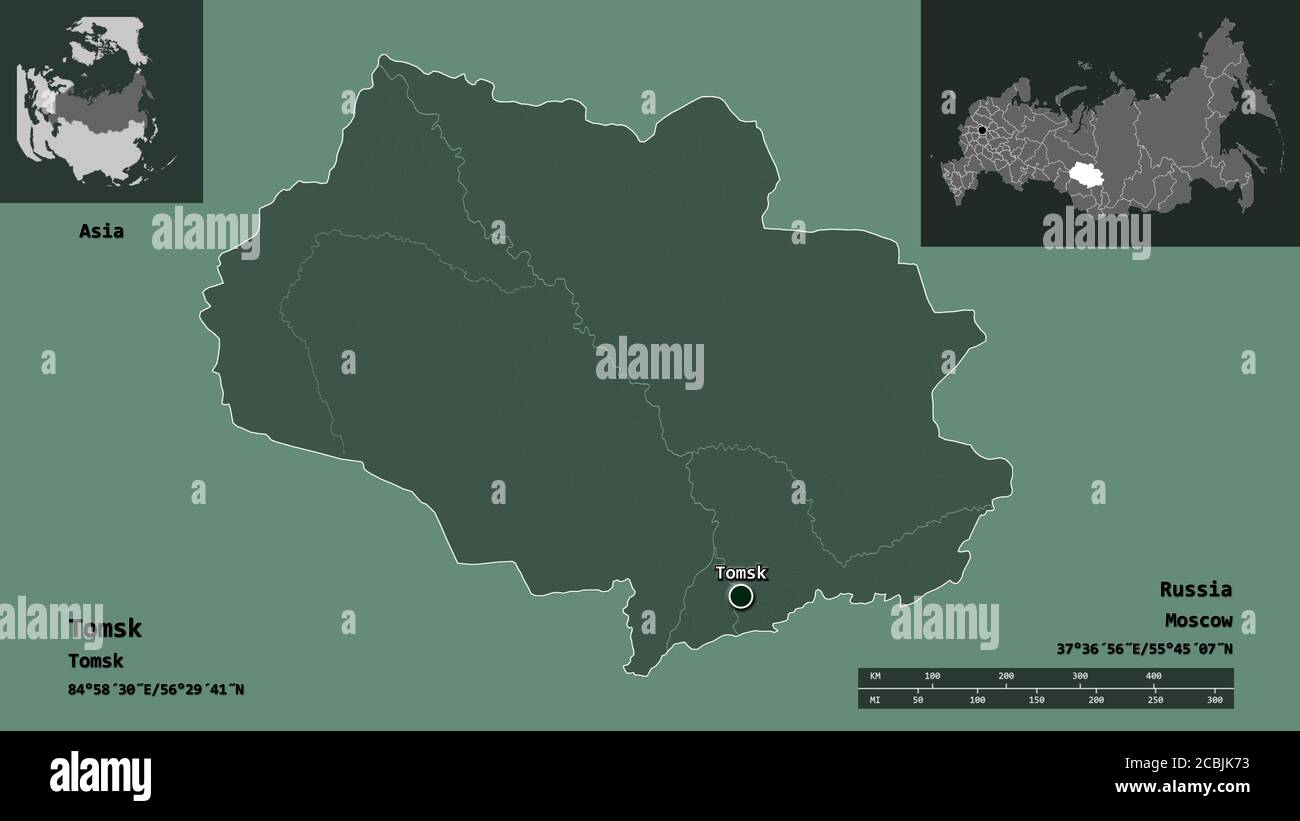 Shape of Tomsk, region of Russia, and its capital. Distance scale ...
