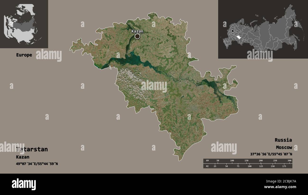 Shape of Tatarstan, republic of Russia, and its capital. Distance scale ...