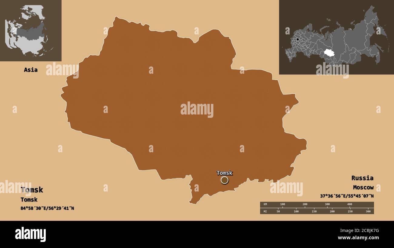 Shape of Tomsk, region of Russia, and its capital. Distance scale ...