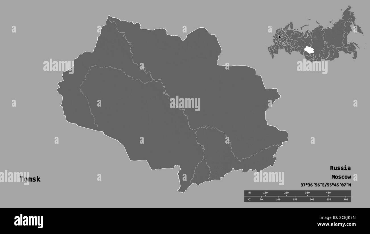 Shape of Tomsk, region of Russia, with its capital isolated on solid ...