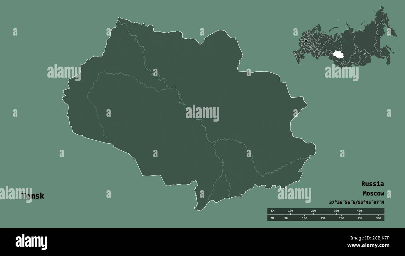 Shape of Tomsk, region of Russia, with its capital isolated on solid ...