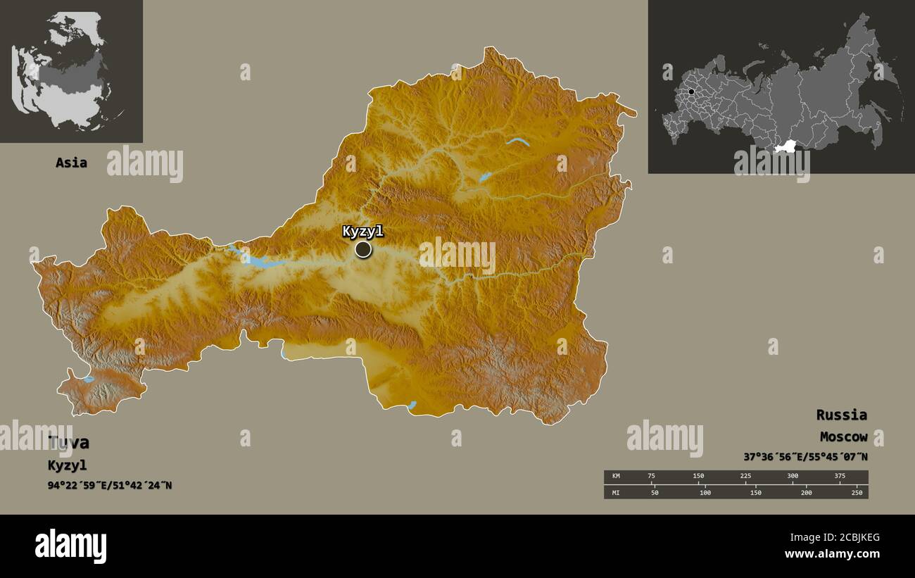 Shape of Tuva, republic of Russia, and its capital. Distance scale ...
