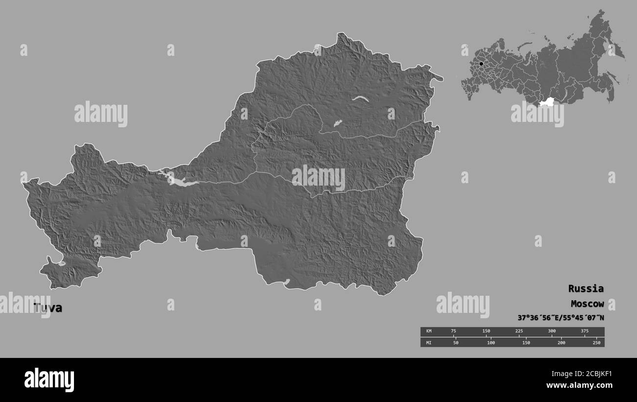 Shape of Tuva, republic of Russia, with its capital isolated on solid ...
