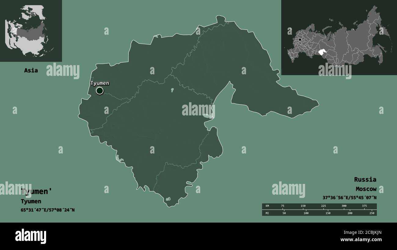 Shape of Tyumen', region of Russia, and its capital. Distance scale ...