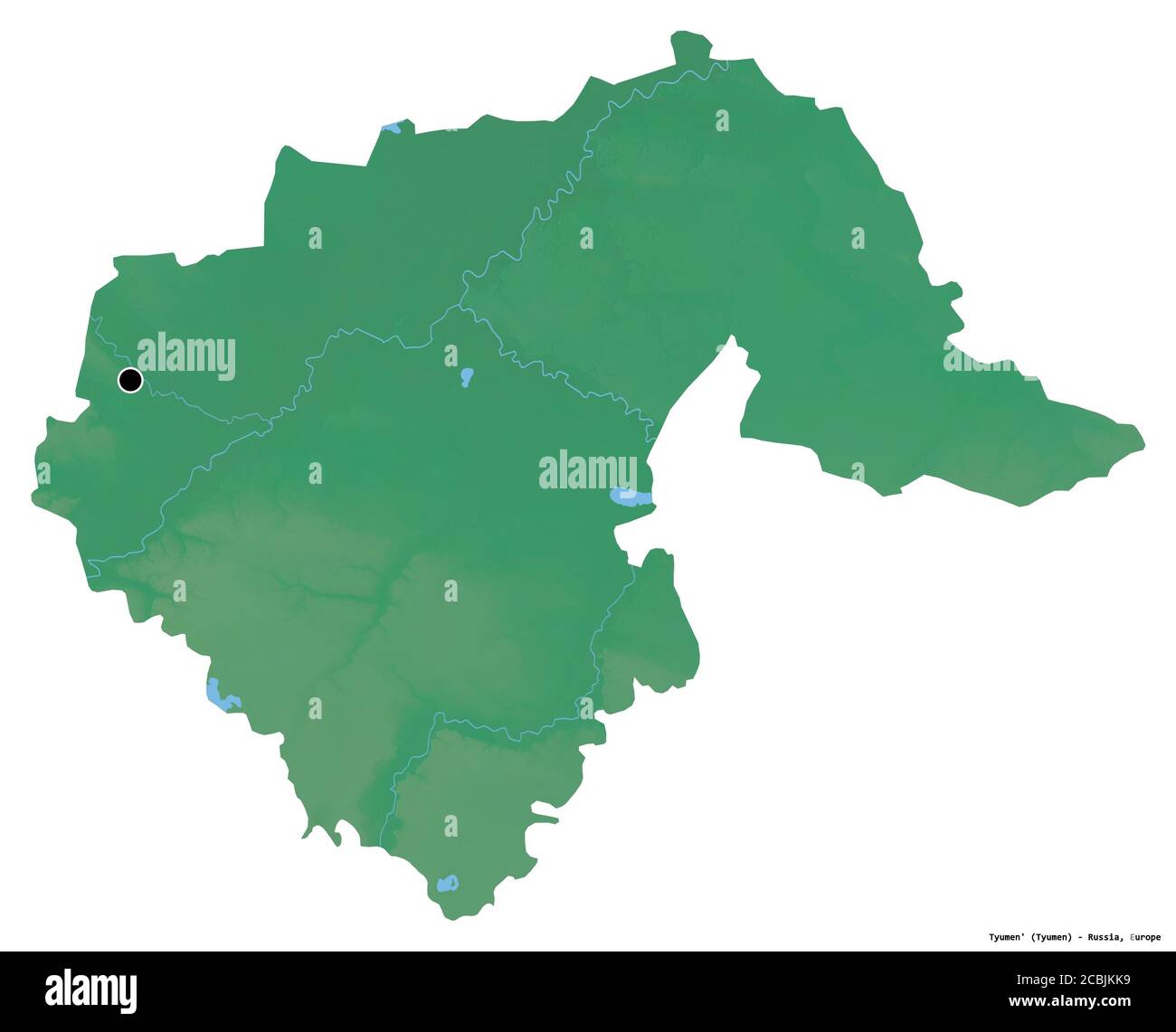Shape of Tyumen', region of Russia, with its capital isolated on white ...
