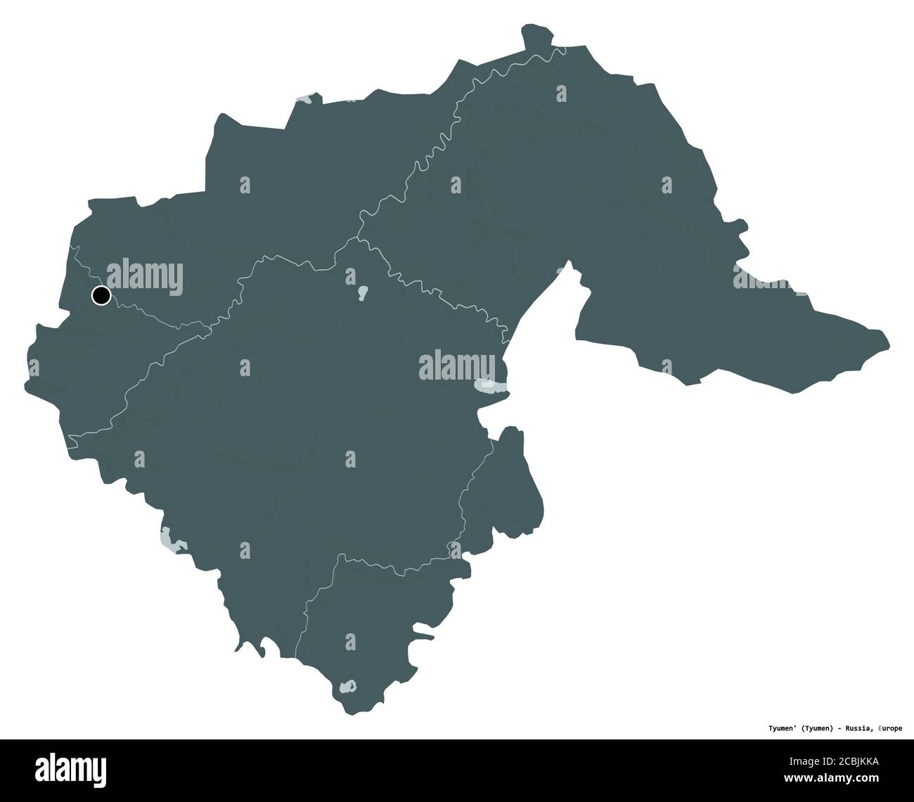 Shape of Tyumen', region of Russia, with its capital isolated on white ...
