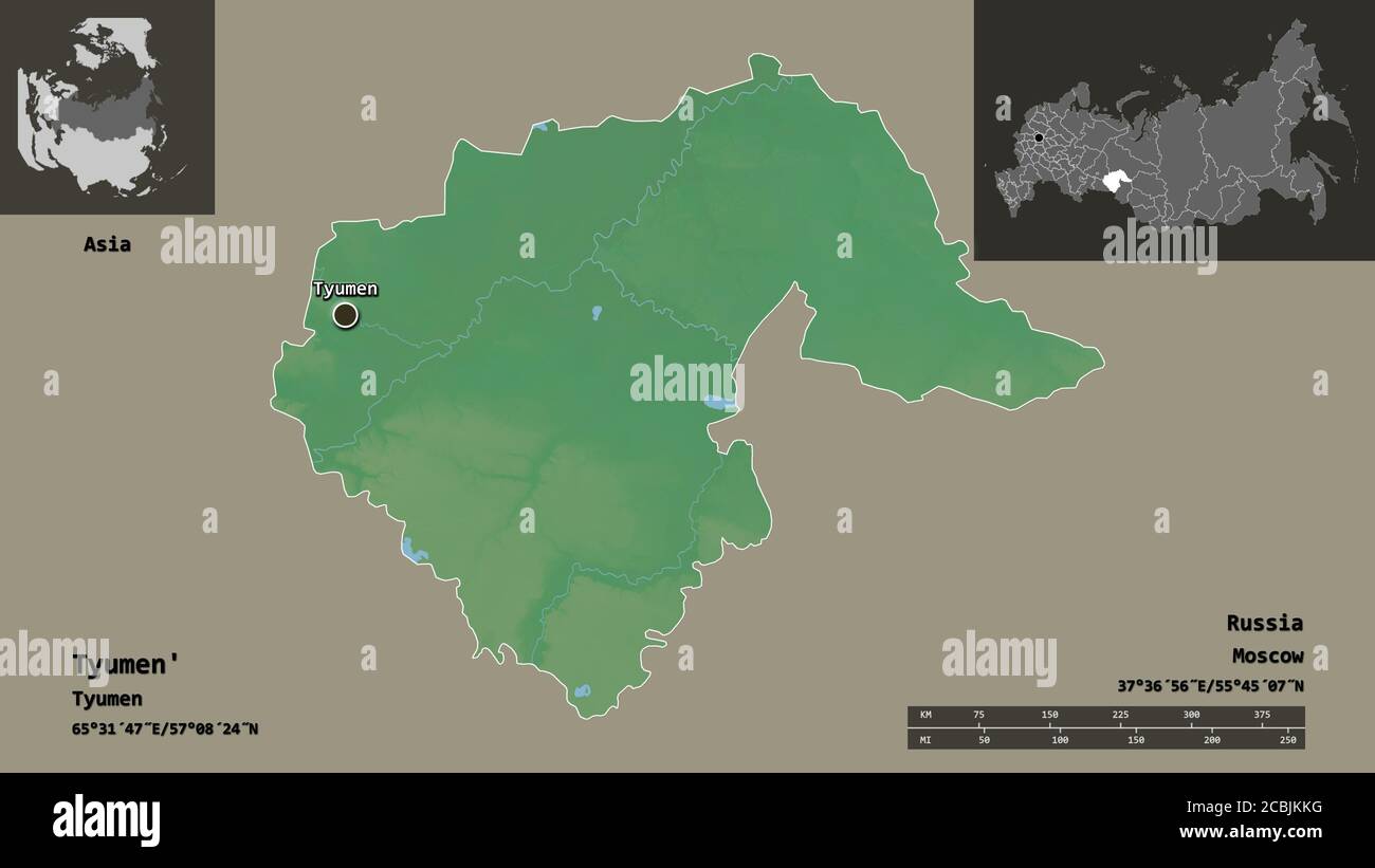 Shape of Tyumen', region of Russia, and its capital. Distance scale ...