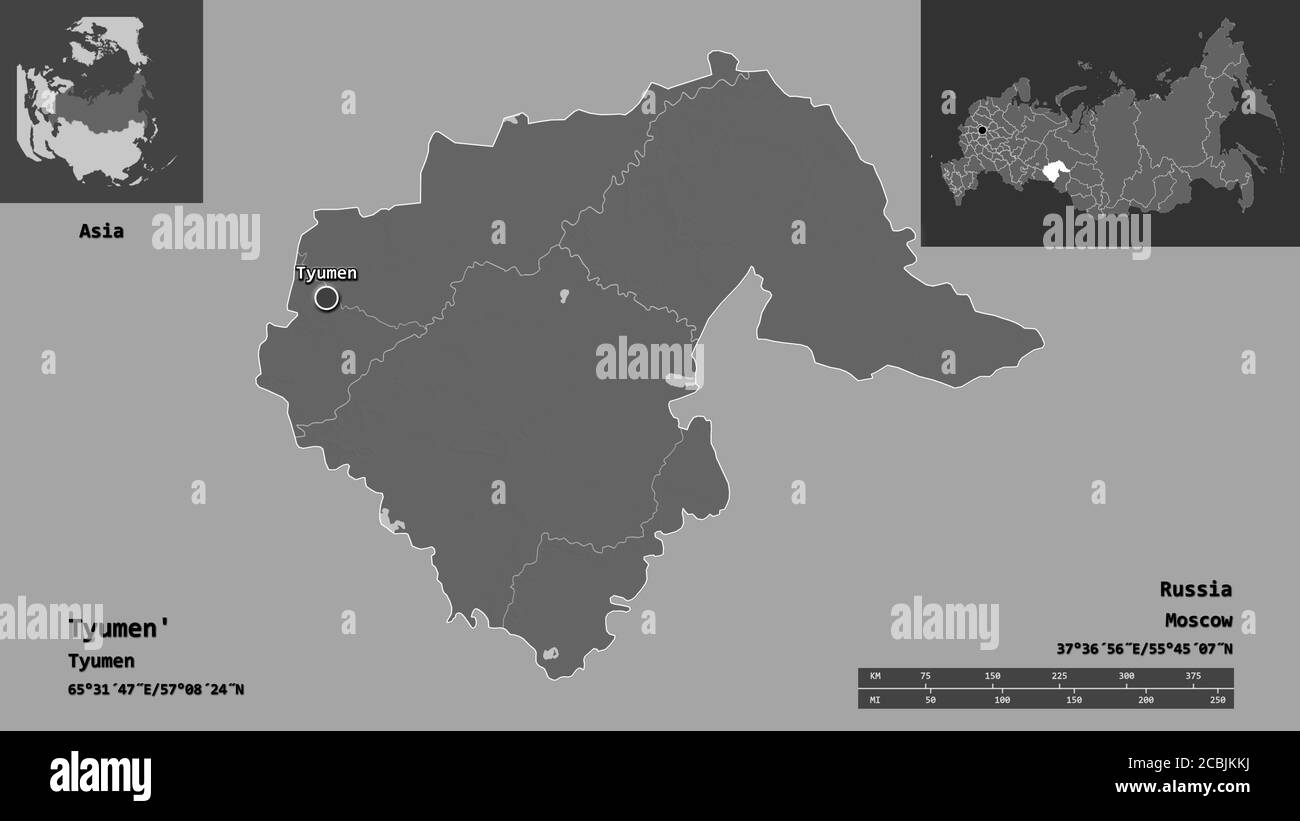 Shape of Tyumen', region of Russia, and its capital. Distance scale ...