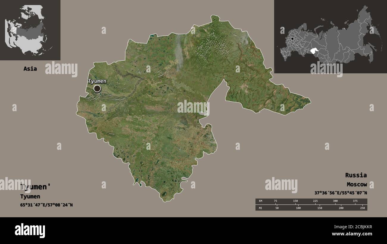 Shape of Tyumen', region of Russia, and its capital. Distance scale ...