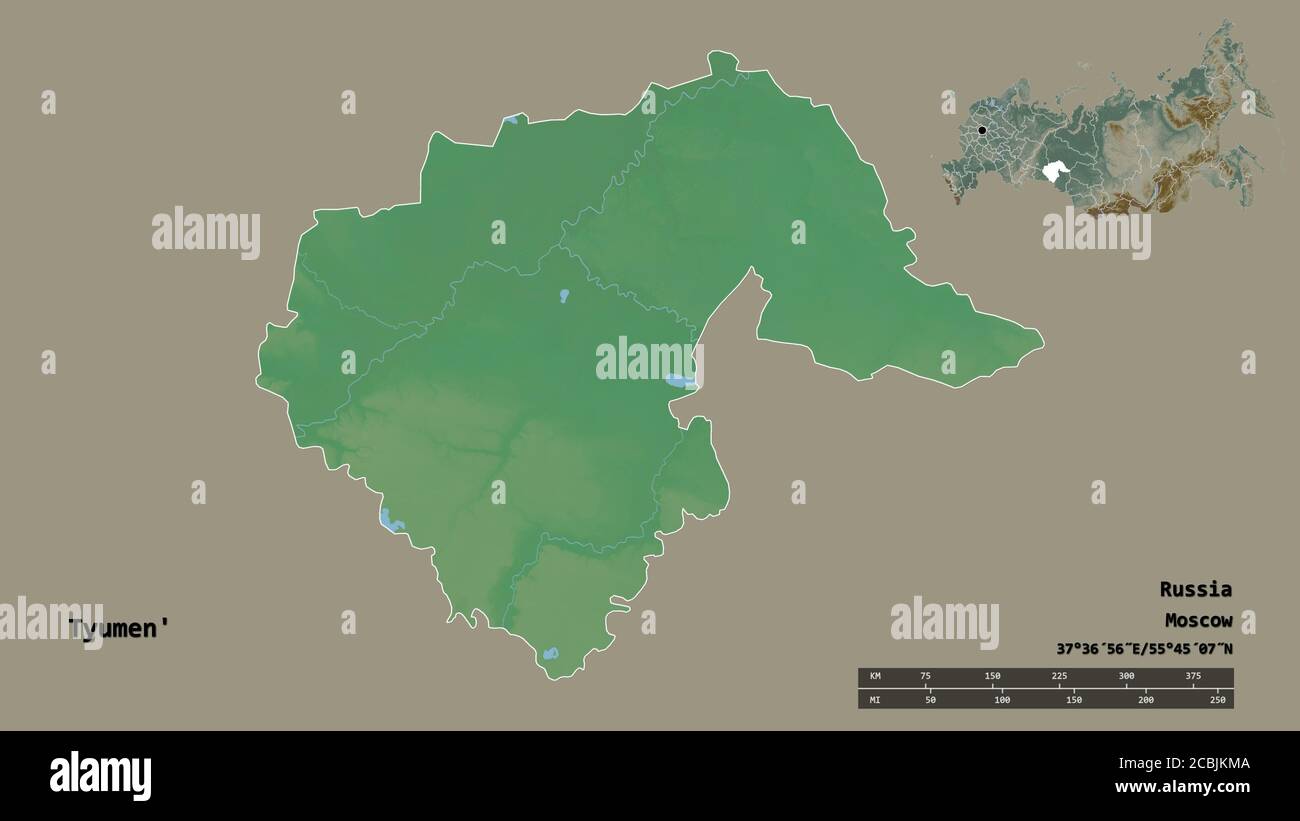 Shape of Tyumen', region of Russia, with its capital isolated on solid ...