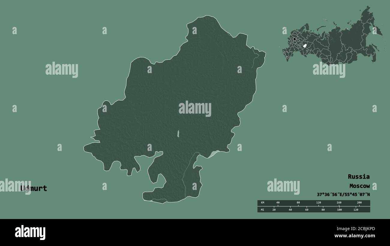 Shape of Udmurt, republic of Russia, with its capital isolated on solid ...