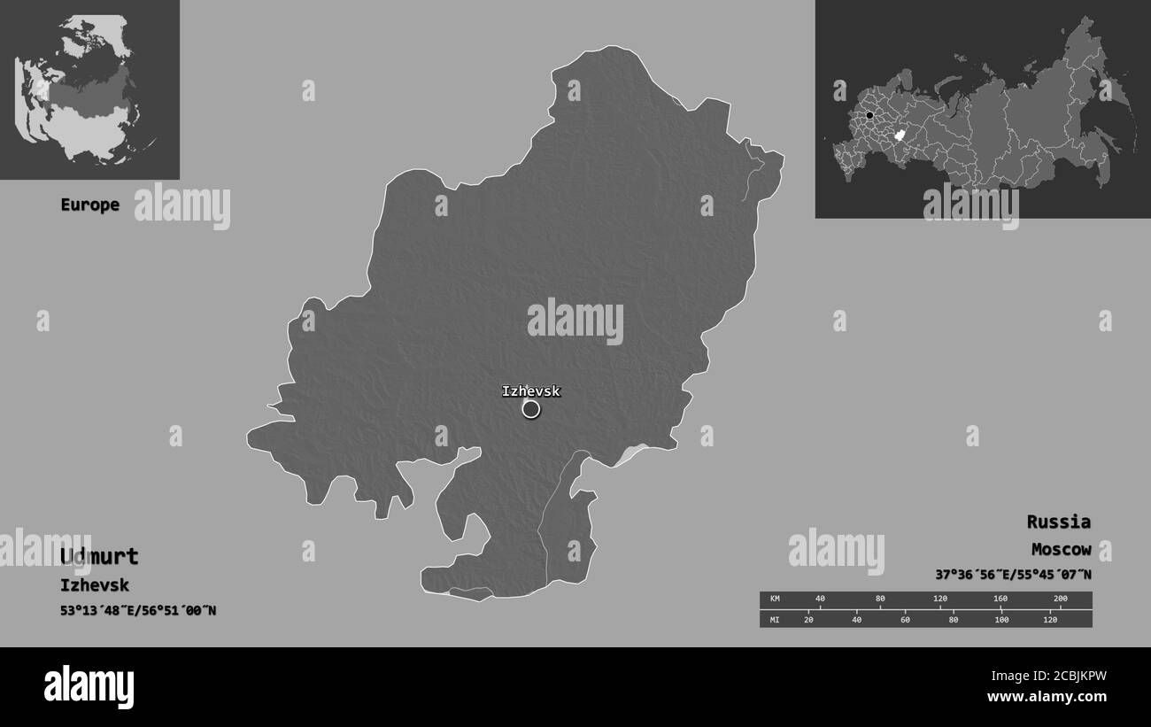 Shape of Udmurt, republic of Russia, and its capital. Distance scale ...