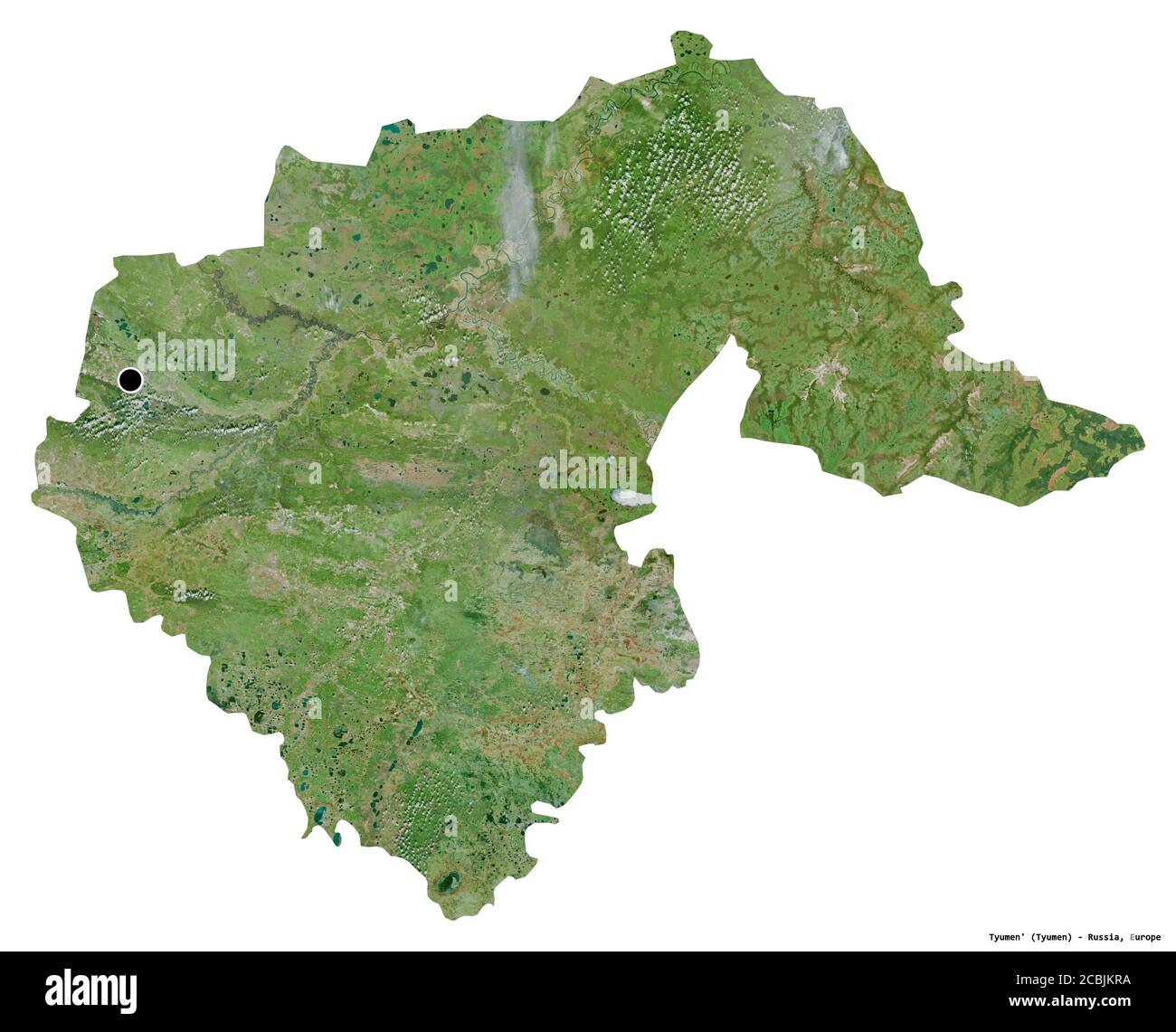 Shape of Tyumen', region of Russia, with its capital isolated on white ...