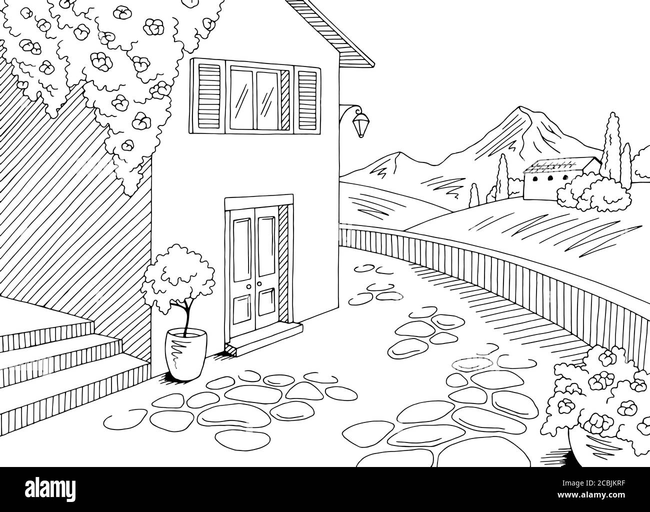 Old street road graphic black white rural landscape sketch illustration ...