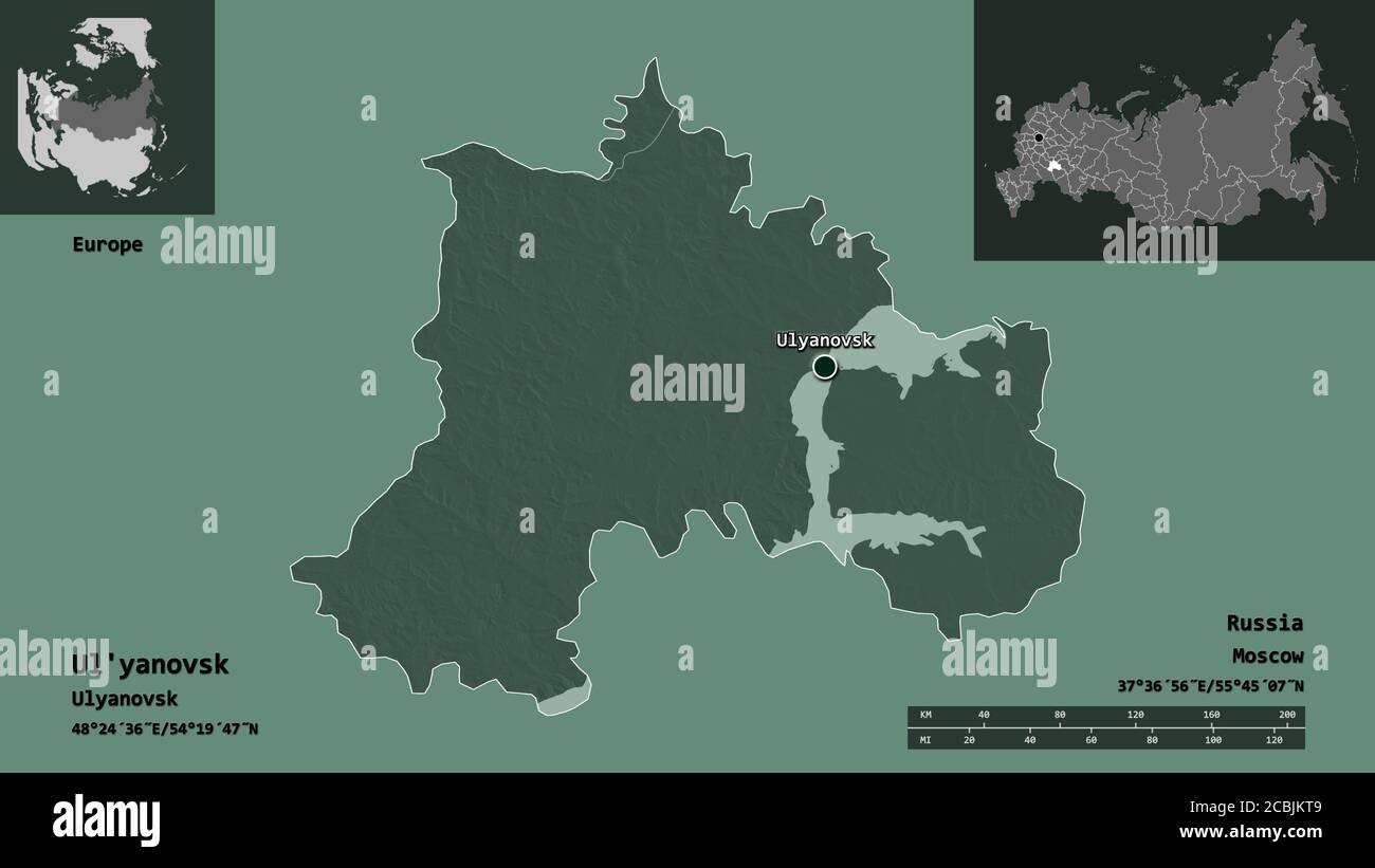 Shape of Ul'yanovsk, region of Russia, and its capital. Distance scale ...