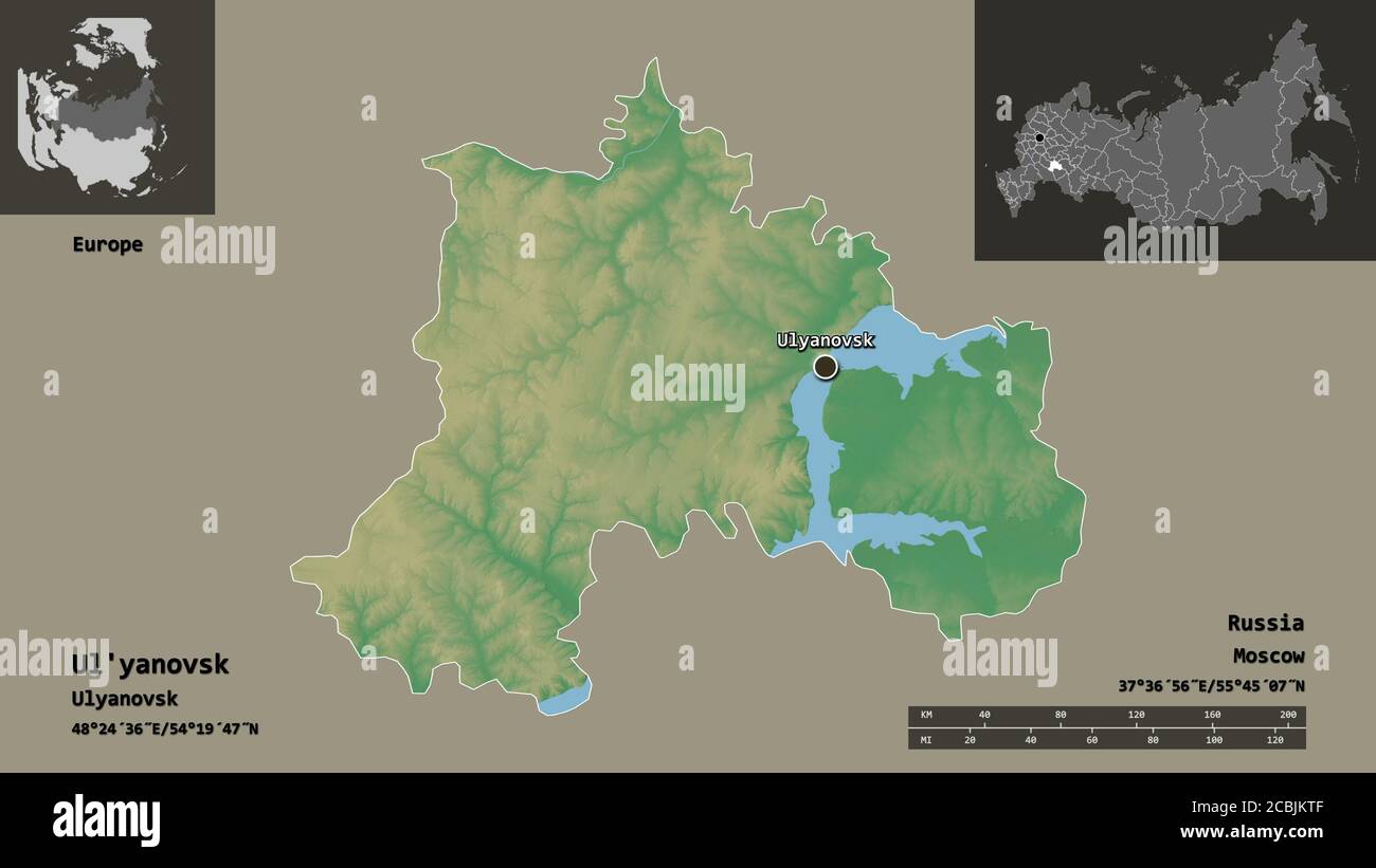 Shape of Ul'yanovsk, region of Russia, and its capital. Distance scale ...