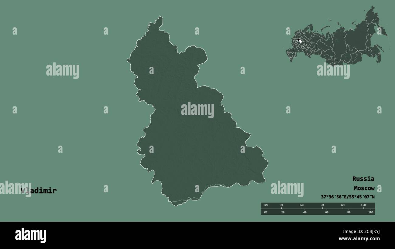 Shape of Vladimir, region of Russia, with its capital isolated on solid ...