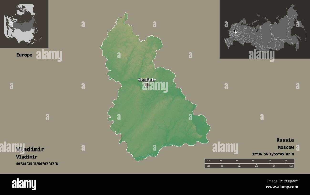 Shape of Vladimir, region of Russia, and its capital. Distance scale ...
