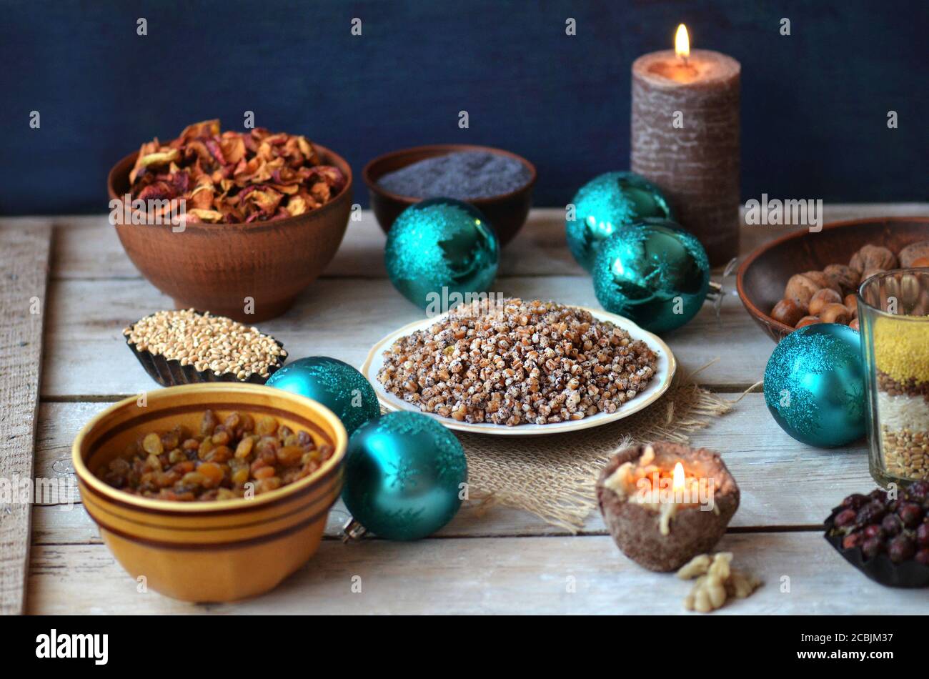 Holiday food background with kutia, fish, cabbage, mushroom ...
