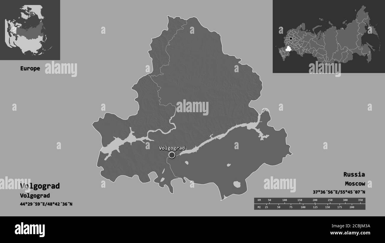 Shape of Volgograd, region of Russia, and its capital. Distance scale ...