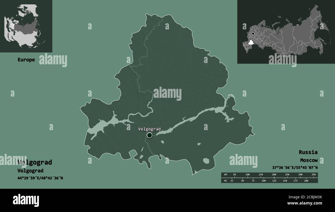 Shape of Volgograd, region of Russia, and its capital. Distance scale ...