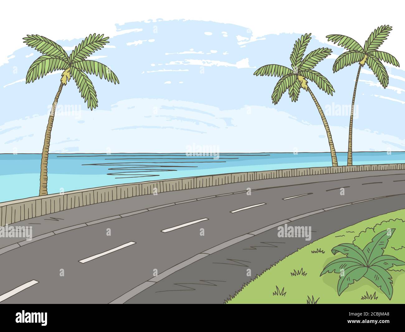 Street road graphic palm tree color sea landscape sketch illustration ...