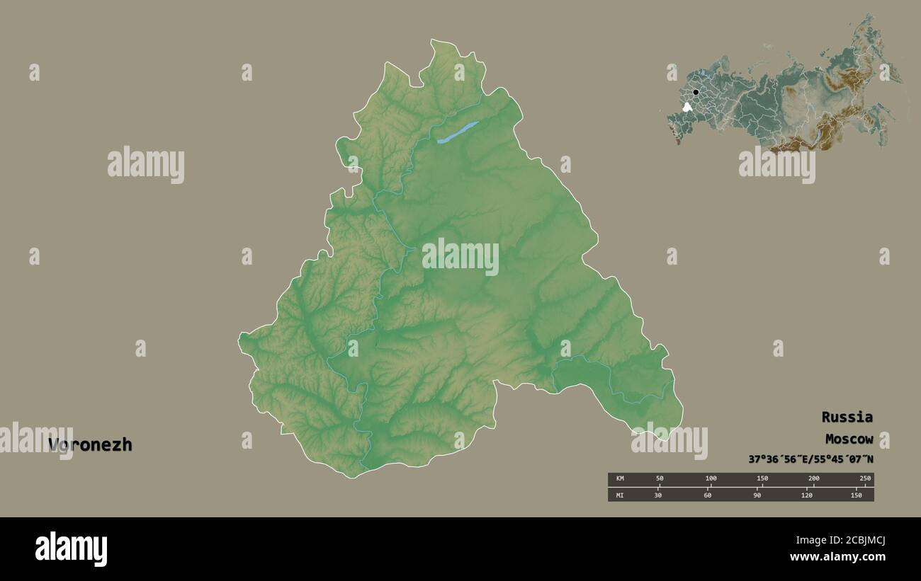 Shape of Voronezh, region of Russia, with its capital isolated on solid ...