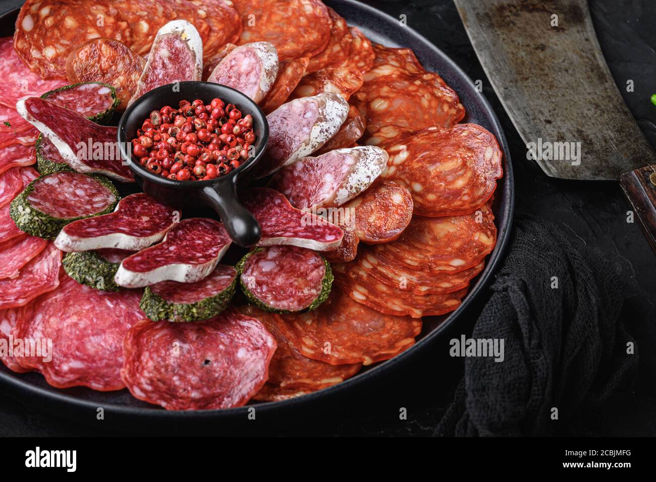 Spanish cold meat plate, chorizo, fuet, lomo,longaniza and salchichon ...
