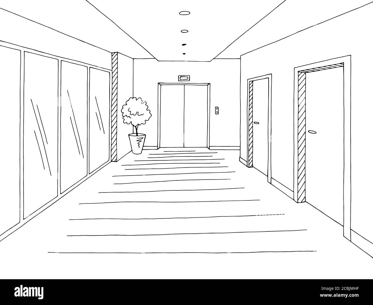 Corridor graphic black white interior sketch illustration vector Stock ...