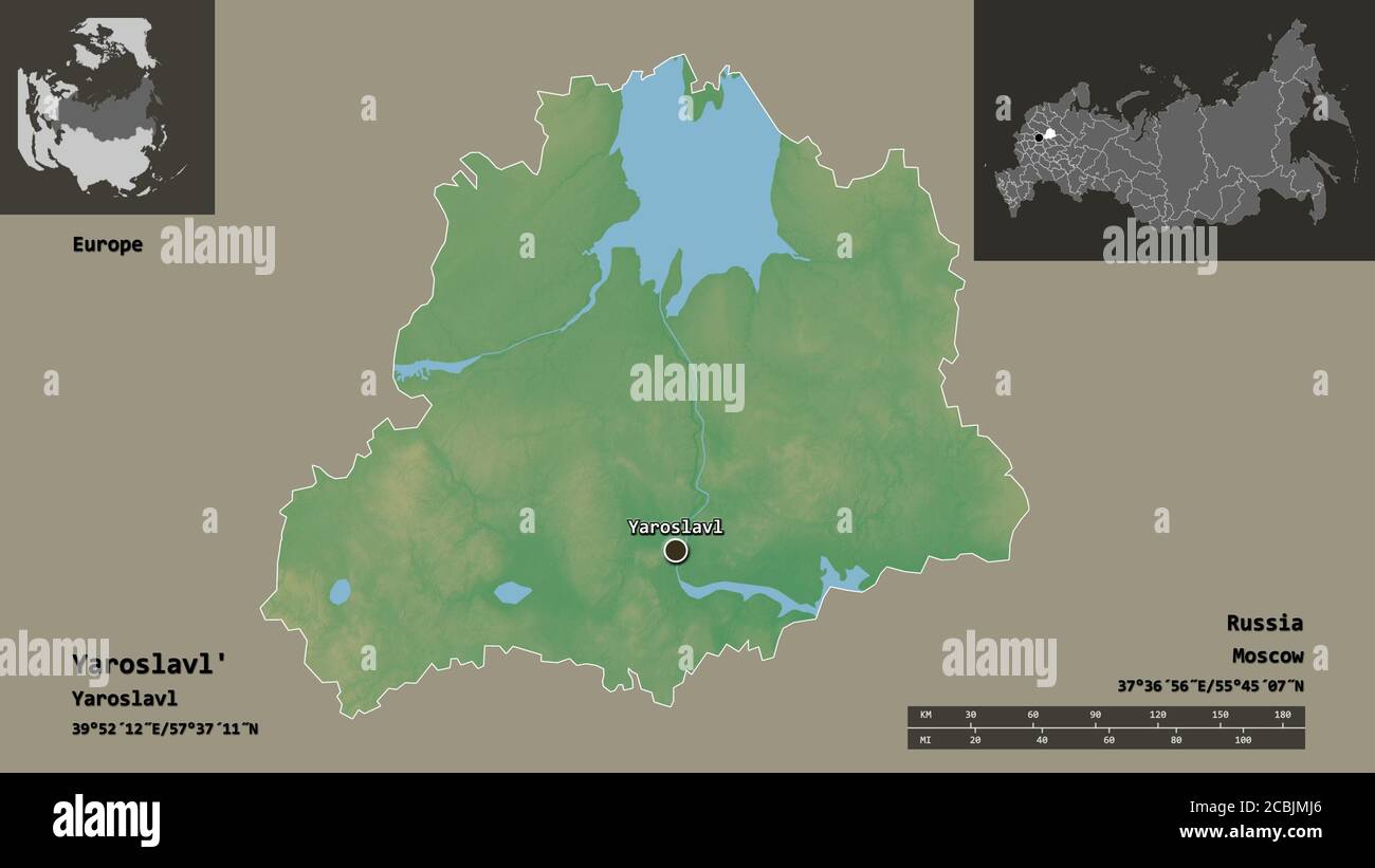 Shape of Yaroslavl', region of Russia, and its capital. Distance scale ...