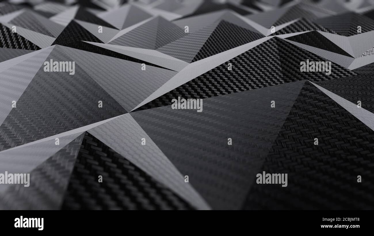 Carbon black triangular polygonal close-up background. 3D rendering ...