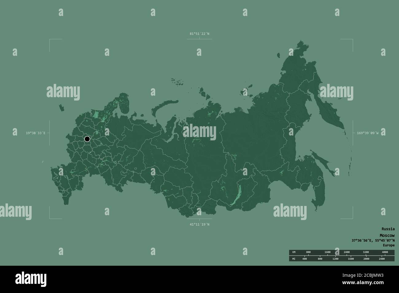 Area of Russia isolated on a solid background in a georeferenced ...