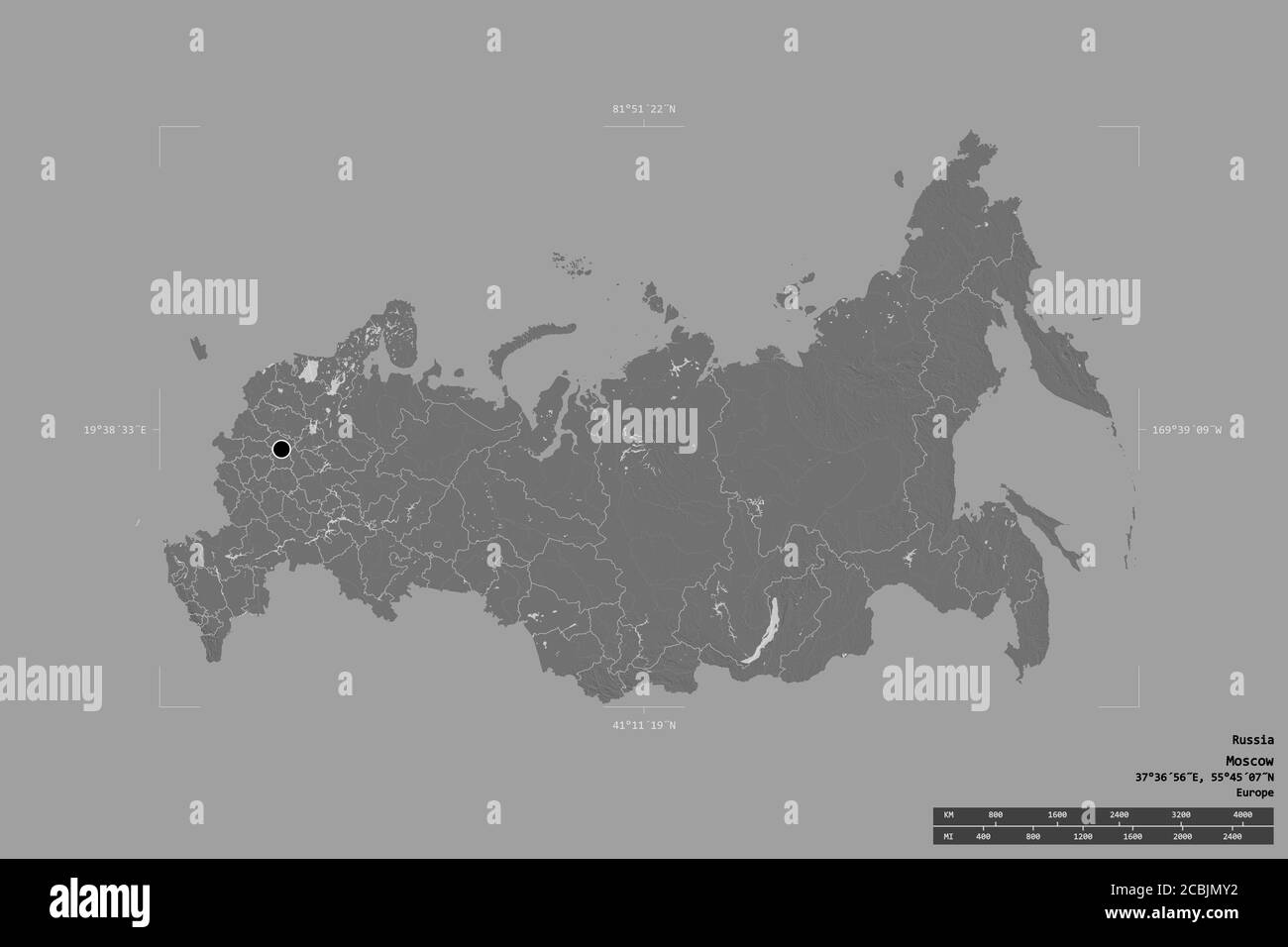 Area of Russia isolated on a solid background in a georeferenced ...