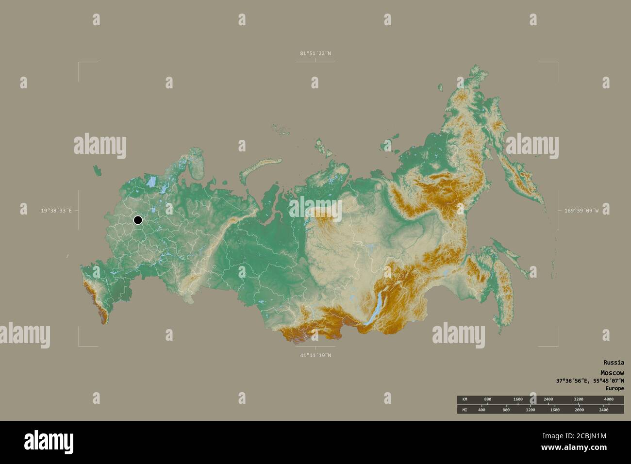 Area of Russia isolated on a solid background in a georeferenced ...