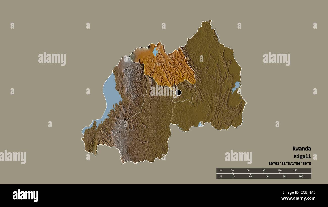 Desaturated shape of Rwanda with its capital, main regional division ...