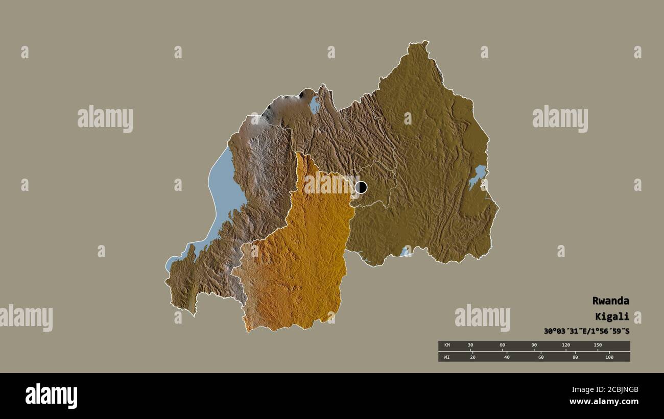 Desaturated shape of Rwanda with its capital, main regional division ...