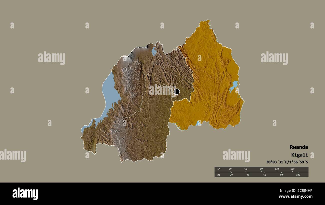 Desaturated shape of Rwanda with its capital, main regional division ...