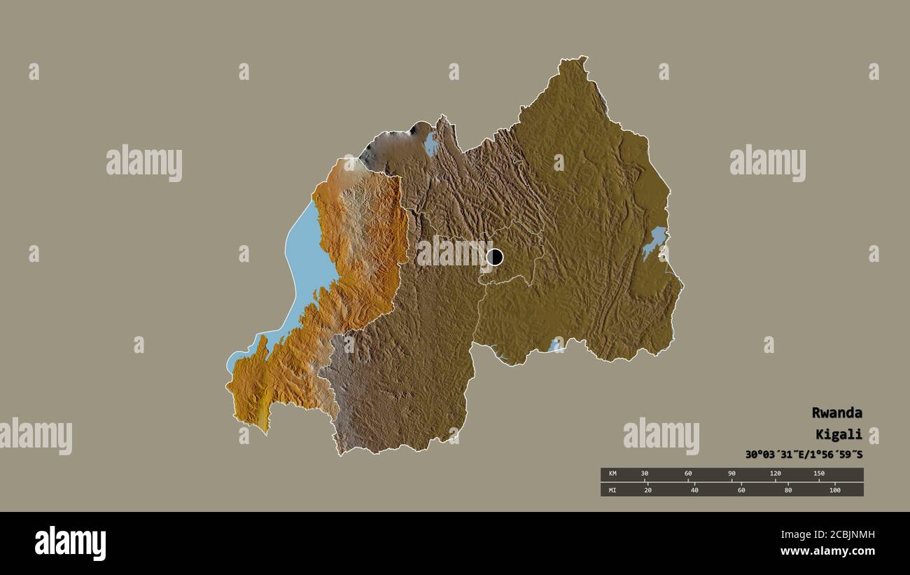 Desaturated shape of Rwanda with its capital, main regional division and the separated ...