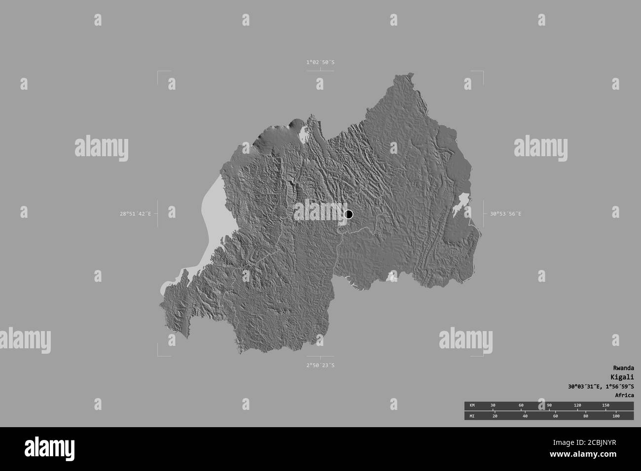 Area of Rwanda isolated on a solid background in a georeferenced ...