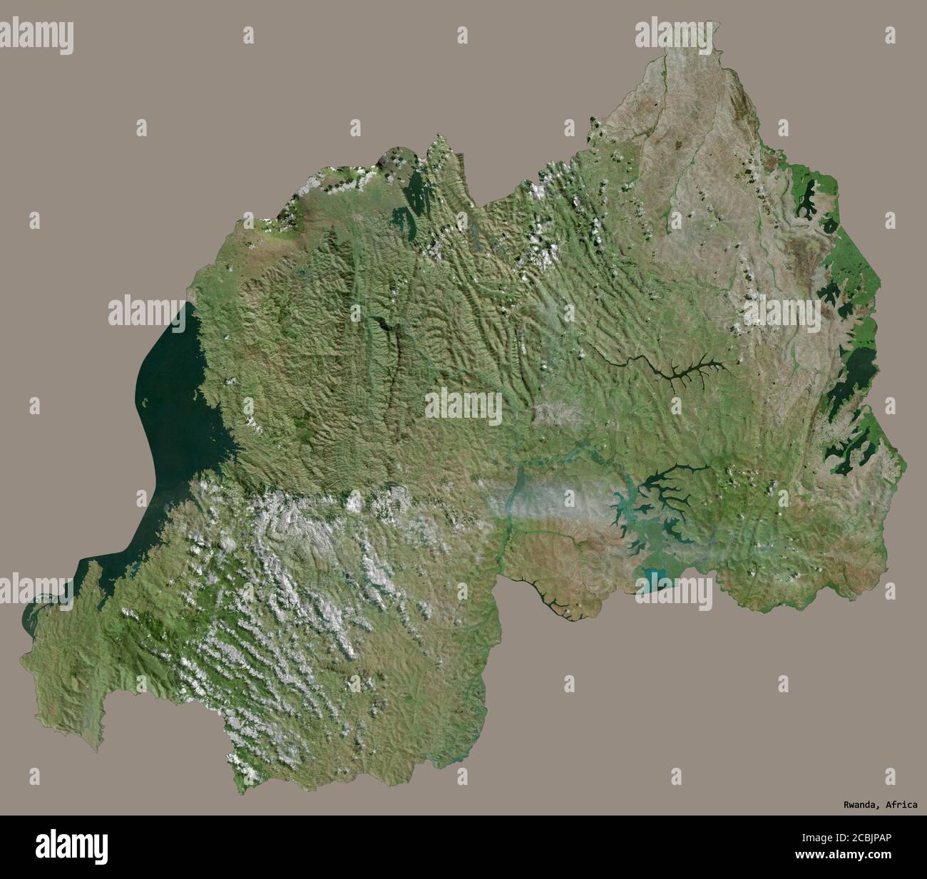 Shape of Rwanda with its capital isolated on a solid color background ...