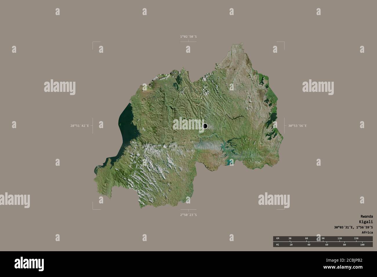 Area of Rwanda isolated on a solid background in a georeferenced ...