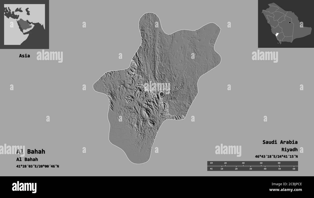 Shape of Al Bahah, region of Saudi Arabia, and its capital. Distance ...