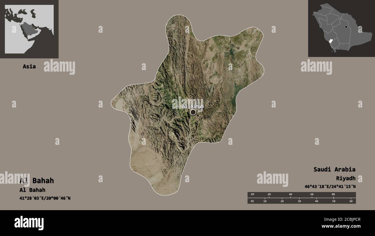 Shape of Al Bahah, region of Saudi Arabia, and its capital. Distance ...