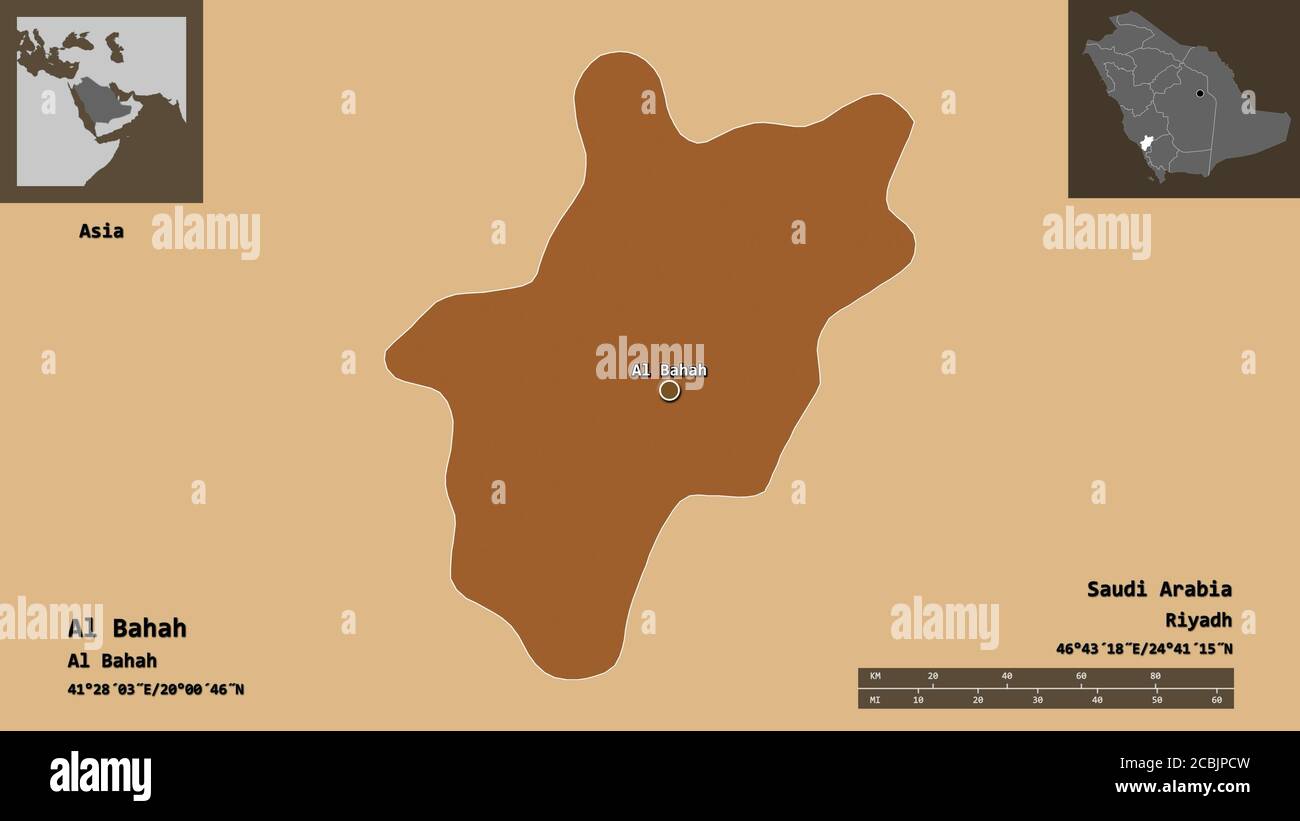 Shape of Al Bahah, region of Saudi Arabia, and its capital. Distance ...