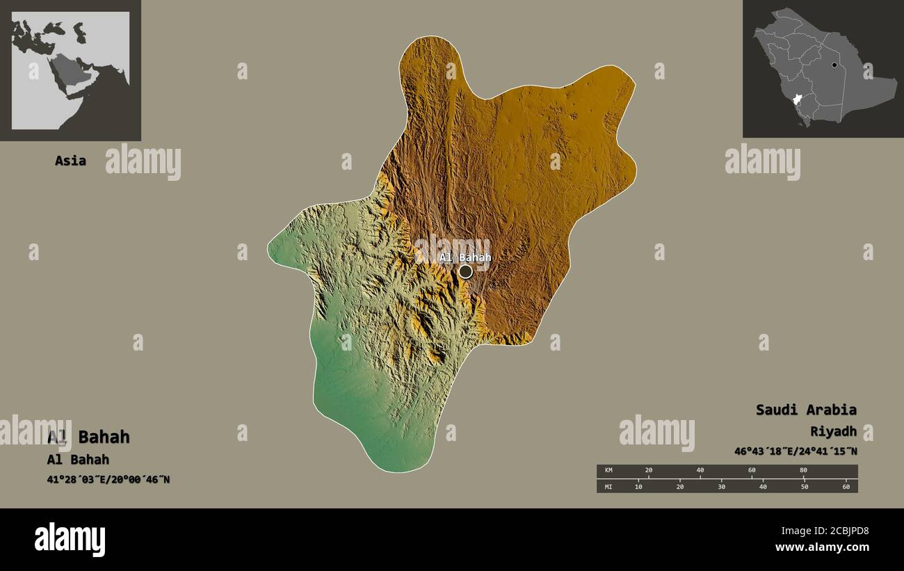 Shape of Al Bahah, region of Saudi Arabia, and its capital. Distance ...